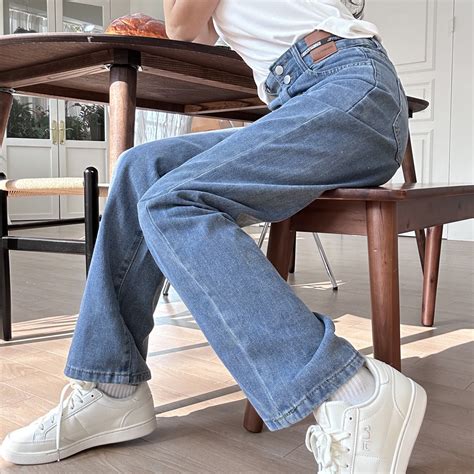 사은품증정 투버튼 일자 데님 팬츠 연청 여자청바지하이웨스트 일자청바지 와이드청바지데님팬츠통청바지블루티진 에이블리