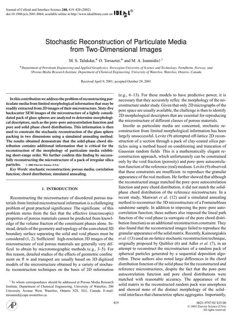 Pdf Stochastic Reconstruction Of Particulate Media From Two Dimensional Images