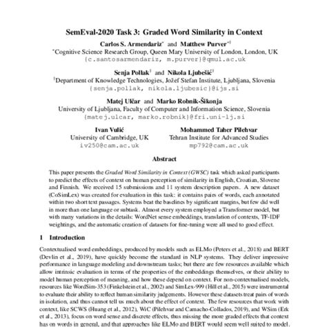 Semeval 2020 Task 3 Graded Word Similarity In Context Acl Anthology