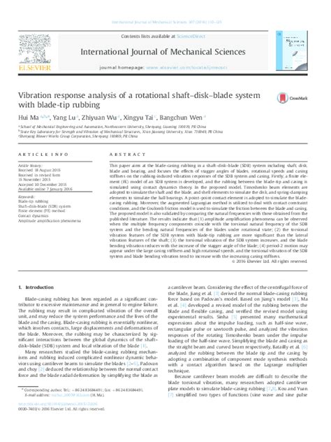 Pdf Vibration Response Analysis Of A Rotational Shaft Disk Blade System With Blade Tip Rubbing