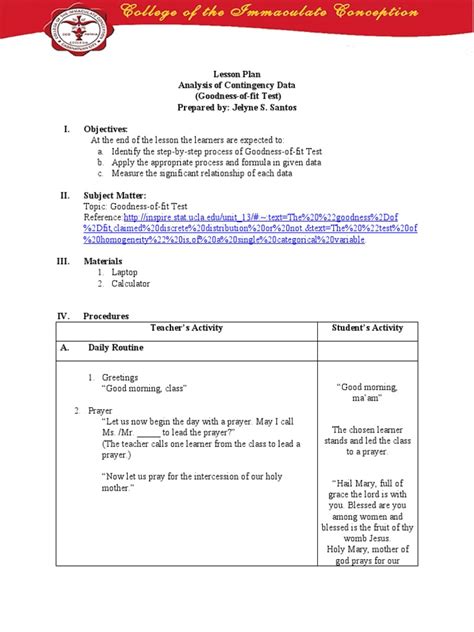 Lesson Plan Analysis Of Contingency Data Pdf Goodness Of Fit Chi Squared Test
