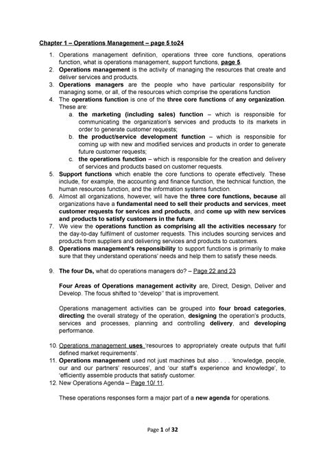 Test Notes Rev C Cheat Sheet Chapter Operations Management Page To Operations