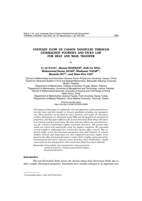 Pdf Unsteady Flow Of Casson Nanofluid Through Generalized Fouriers