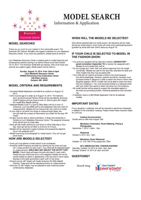 Model Information And Application Form Printable Pdf Download