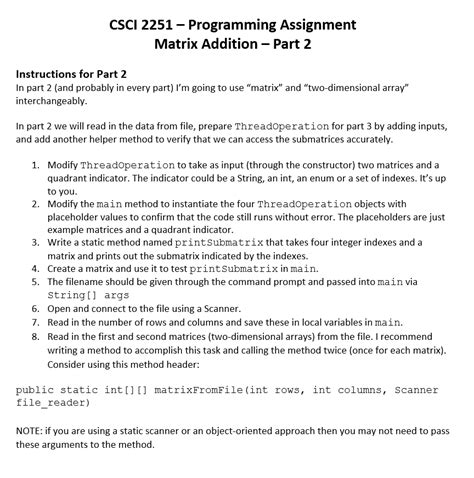csci 2251 programming assignment matrix addition