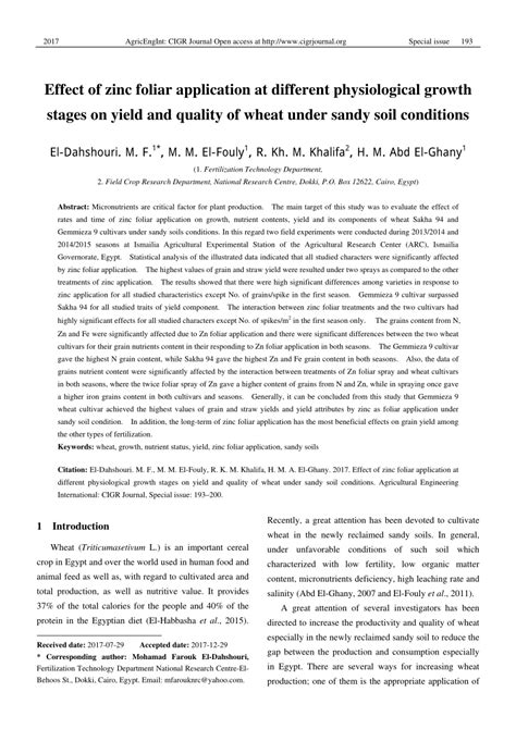 Pdf Effect Of Zinc Foliar Application At Different Physiological Growth Stages On Yield And