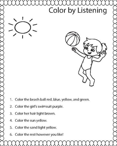 Girl At The Beach Color By Listening And Reading Comprehension Tpt