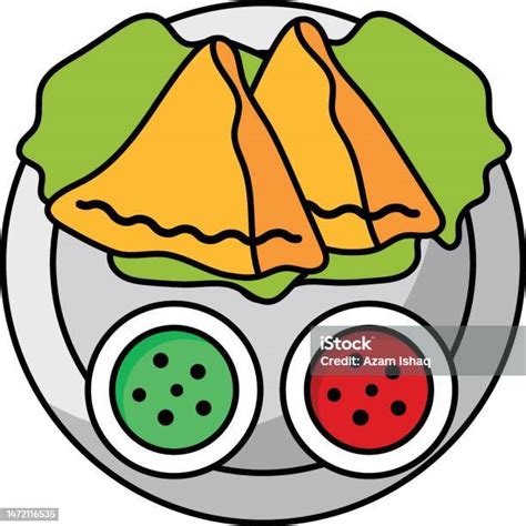 처트니와 녹색 고추를 곁들인 사모사 개념 벡터 개요 색 아이콘 디자인 아시아 요리 기호 유명한 접시 기호 길거리 음식 스톡 일러스트 레이 션 감자 요리에 대한 스톡 벡터