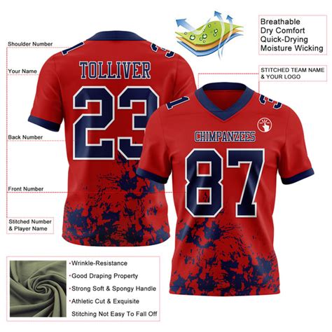 Custom Red Football Jersey Navy White Splash Mesh Authentic Fansidea