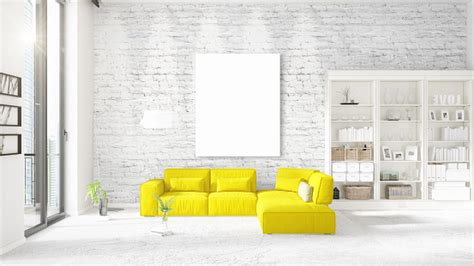 노란 소파 수직 빈 프레임과 수평 배열에서 Copyspace 유행에서 현대 인테리어 3d 렌더링입니다 디지털 생성 이미지에 대한 스톡 사진 및 기타 이미지 Istock