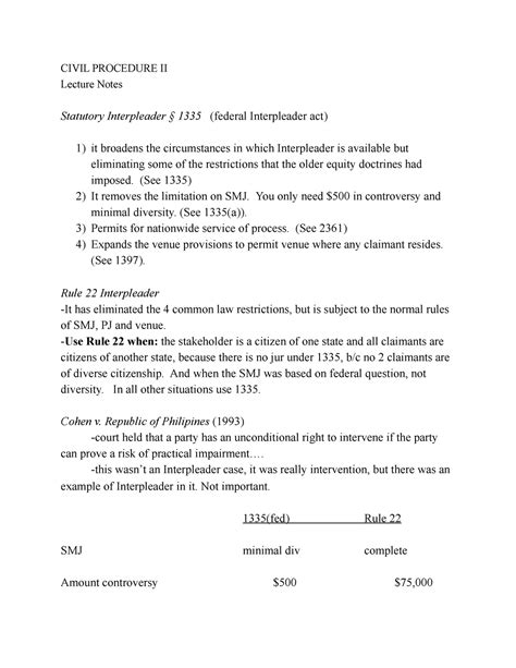 Statutory Interpleader § 1335 Federal Interpleader Act Civil Procedure Ii Lecture Notes