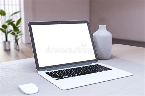 Modern Workspace With Laptop On Table Elegant Design Isolated Screen For Mockups Stock