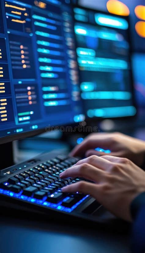 Modern Call Center Efficiency Hands Typing On Keyboard With Dual Screen Chat Interfaces Stock