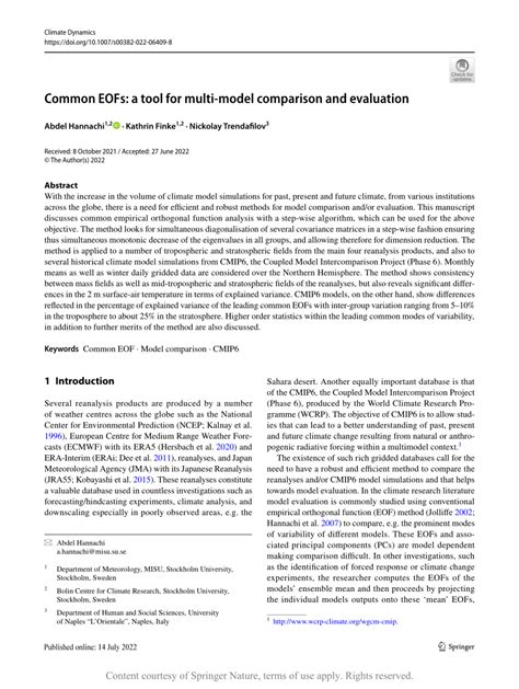 Pdf Common Eofs A Tool For Multi Model Comparison And Evaluation