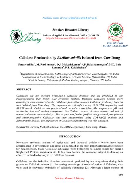 Pdf Cellulase Production By Bacillus Subtilis Isolated From Cow Dung