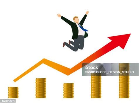 금융 이미지의 평면 그림입니다 돈을 벌고 기뻐하는 백인 남자 오른쪽으로 솟아오르는 화살 동전 차트 거래자에 대한 스톡 벡터 아트 및 기타 이미지 Istock