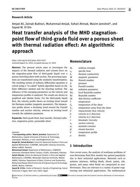 Pdf Heat Transfer Analysis Of The Mhd Stagnation Point Flow Of Third Grade Fluid Over A Porous