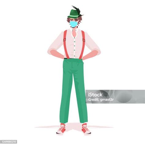 코로나바이러스 전염병 옥토버페스트 파티 축하를 방지하기 위해 마스크를 착용하는 전통적인 옷을 입은 남자 10월에 대한 스톡 벡터