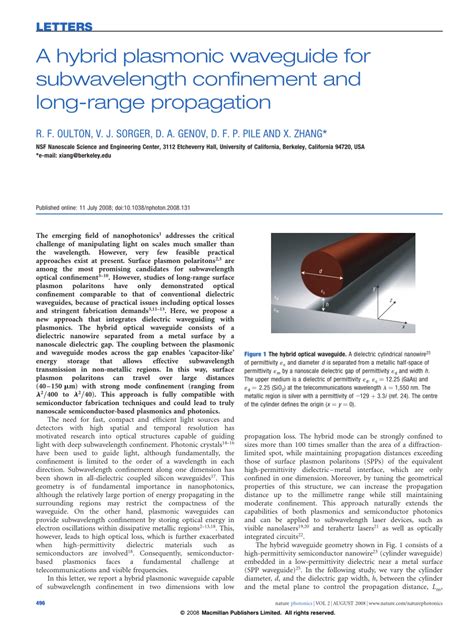Pdf A Hybrid Plasmonic Waveguide For Subwavelength Confinement And Long Range Propagation
