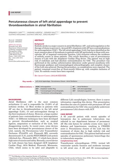 Pdf Percutaneous Closure Of Left Atrial Appendage To Prevent Thromboembolism In Atrial