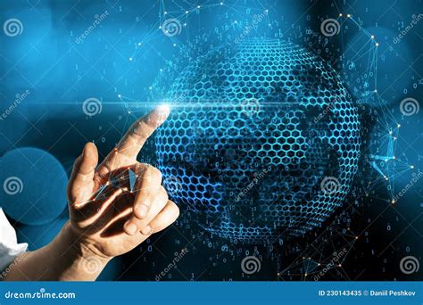 Close Up Of Businessman Hand Pointing Abstract Globe Sphere With Coding And Polygonal Network On