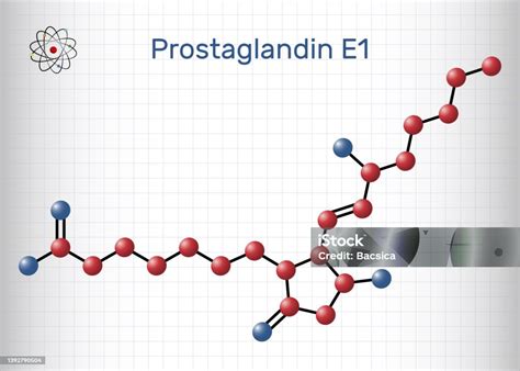 프로스타글란딘 E1 Pge1 알프로스타딜 분자 그것은 강력한 혈관 확장제 발기 부전 치료에 사용되는 약물입니다 분자 모델 새장에있는 종이 한 장 건강관리와 의술에 대한 스톡