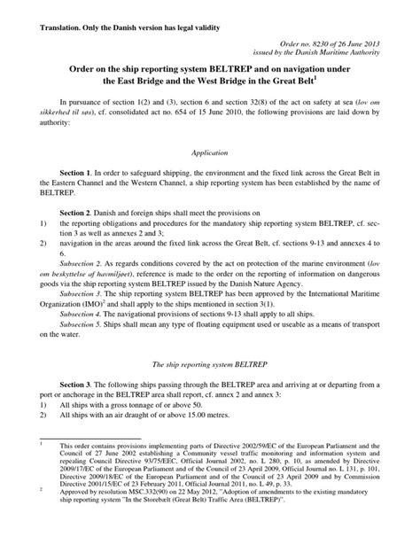 Order On The Ship Reporting System Beltrep And On Navigation Under The East Bridge And The West