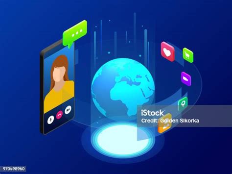 긴 거리와 세계의 글로벌 통신의 아이소메트릭 개념 남자와 여자의 휴대 전화에서 비디오 채팅을 통해 통신 영상 통화 채팅 회의 벡터 일러스트 레이 션 개념에 대한 스톡 벡터