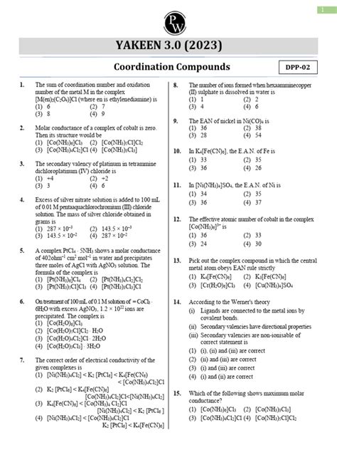 Coordination Compounds Dpp 02 Of Lecture 04 Yakeen 30 2023 Pdf Coordination Complex