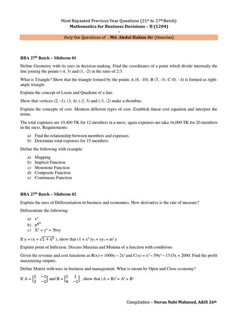 1204 Math Ii Repeated Q A Hakim Sir Pdf Matrix Mathematics 1204 Math Ii Repeated Q A Hakim Sir Pdf Matrix Mathematics