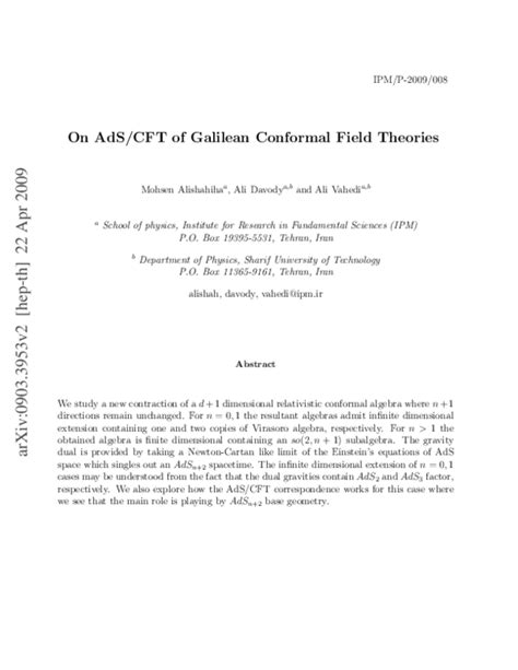 Pdf On Ads Cft Of Galilean Conformal Field Theories Ali Vahedi