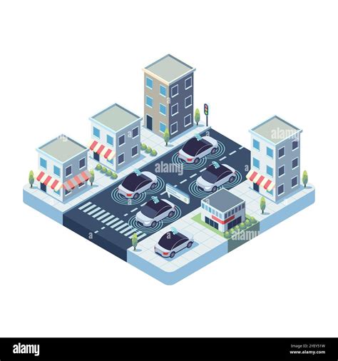 Isometric Autonomous Vehicles Or Self Driving Cars With Advanced Sensors In Smart City