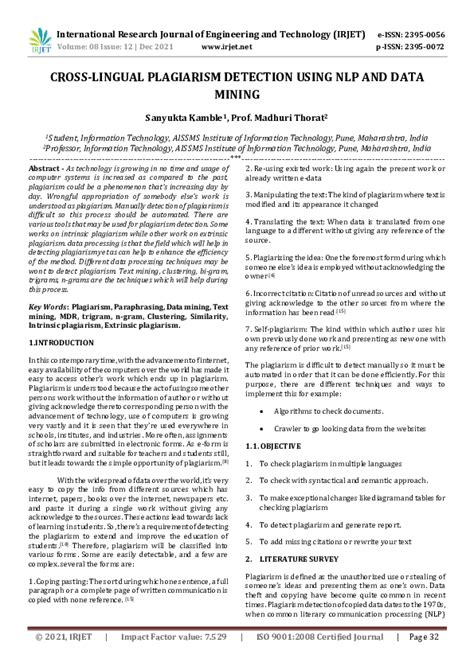 Pdf Irjet Cross Lingual Plagiarism Detection Using Nlp And Data Mining