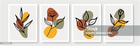 열대 잎이있는 최소한의 보헤미안 스타일로 포스터 세트 단풍 라인 아트 드로잉현대 추상벽 장식 보헤미안 추상 미술 디자인 컬렉션 0명에 대한 스톡 벡터 아트 및 기타 이미지
