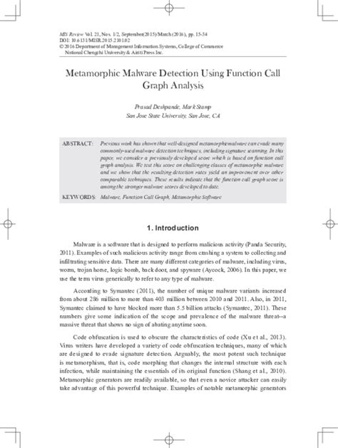 pdf metamorphic malware detection using function call graph analysis
