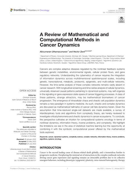 PDF A Review Of Mathematical And Computational Methods In Cancer Dynamics