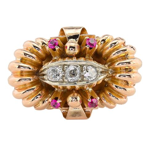 French Retro Diamond Ruby 18k Gold Cocktail Statement Ring For Sale At 1stdibs