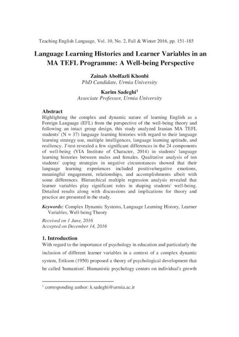 Pdf Language Learning Histories And Learner Variables In An Ma · Foreign Language Efl