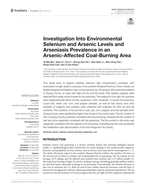 Pdf Investigation Into Environmental Selenium And Arsenic Levels And Arseniasis Prevalence In