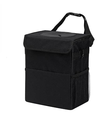 Aokjoy 뚜껑이 있는 소형 자동차 쓰레기통 누출 방지 차량 쓰레기통 보관 포켓 3개 걸이식 방수 자 티몬