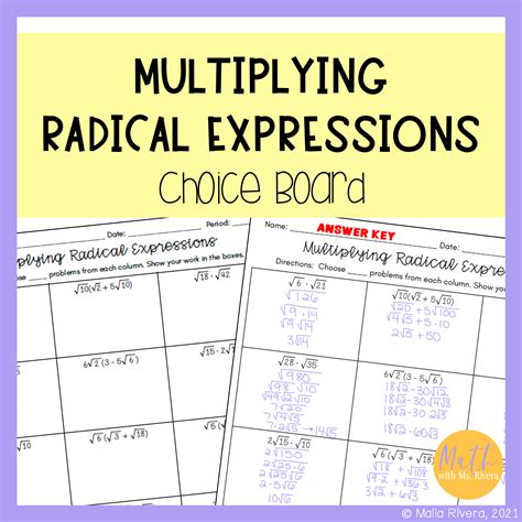 Multiplying Radical Expressions Worksheet Choice Board For Algebra 1