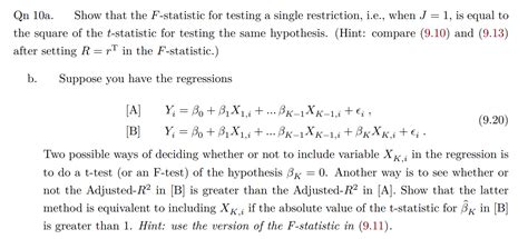 Solved Qn 10a Show That The F Statistic For Testing A