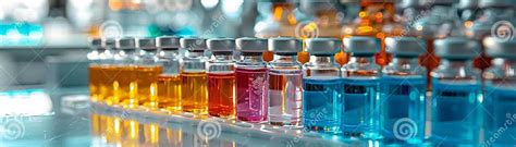 Colorful Laboratory Vials Filled With Different Chemicals Arranged In A Row On A Reflective