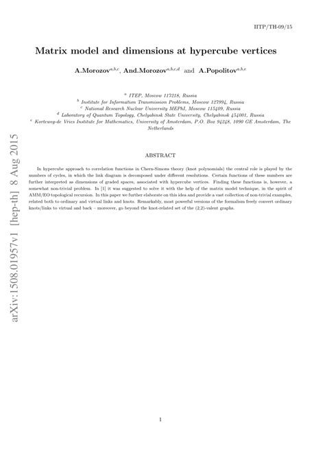 Pdf Matrix Model And Dimensions At Hypercube Vertices