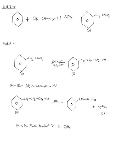 Complete the following equation.C_6H_6+H_2C=CHCH_2Cloverset{AlCl_3}{rightarrow}(A)overset{(i)BH ...