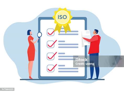 Iso 시스템 및 국제 인증 개념 팀 통과 된 표준 품질 관리 벡터 일러스트 레이터를 사용한 비즈니스 분석 공연에 대한 스톡