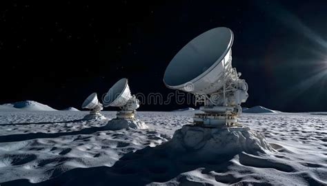 Satellite Dishes On A Lunar Landscape At Night Stock Illustration