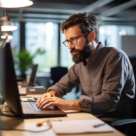 Premium Photo Bearded Male Computer Programmer Working On Laptop At