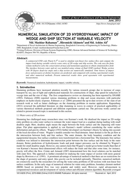 pdf numerical simulation of 2d hydrodynamic impact of wedge and ship