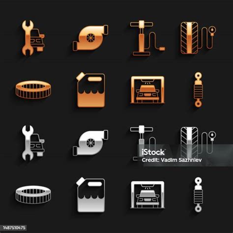 휘발유 타이어 압력 게이지 쇼크 업소버 세차 에어 필터 펌프 서비스 및 자동차 터보차저 아이콘용 캐니스터를 설정합니다 벡터